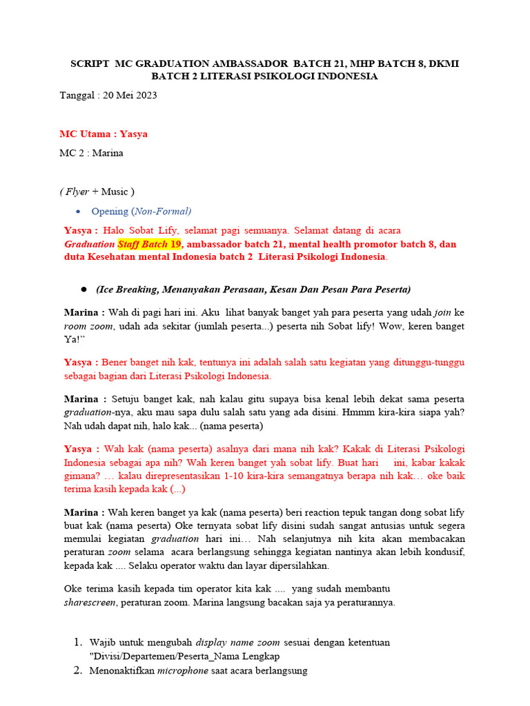 Script MC Graduation Ambassador Batch 21 | PDF