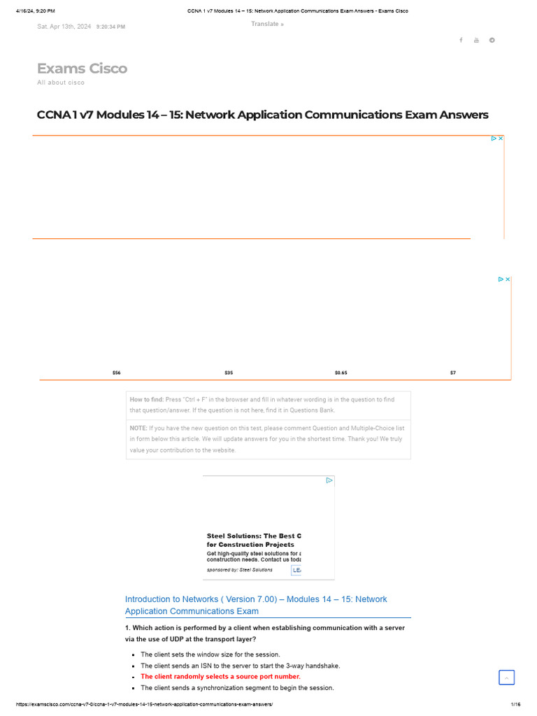 CCNA 1 v7 Modules 14 - 15 - Network Application Communications Exam Answers - Exams Cisco | PDF ...