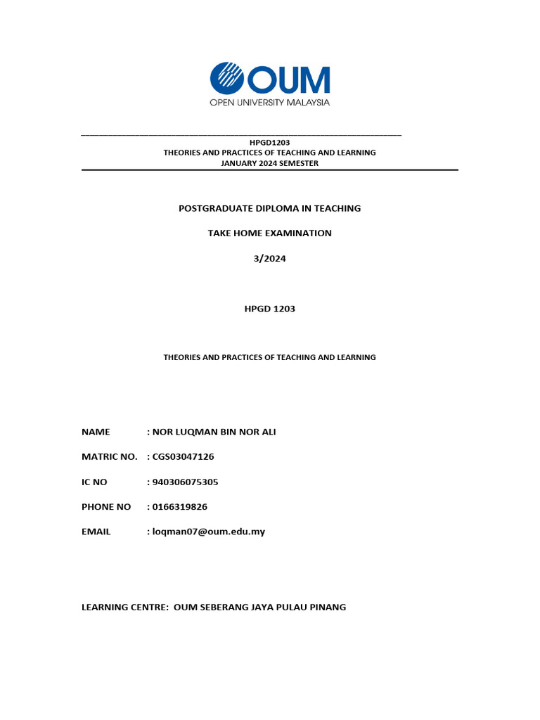 HPGD1203 - CGS03047126 - Take Home Examination | PDF | Motivational ...