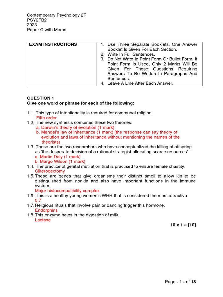Psy2FB2 Nov 2023 EXAM Paper B With Memo 2 | PDF | Odor | Sociobiology