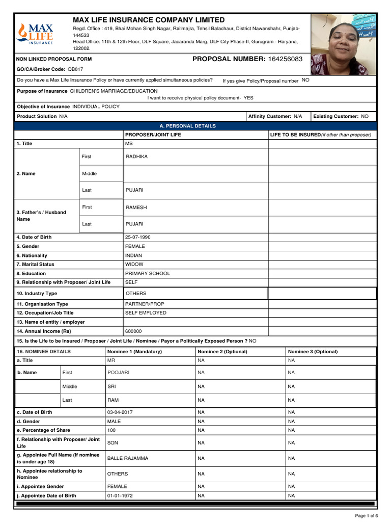 Max Life Insurance Proposal Form Details | PDF | Insurance | Financial ...