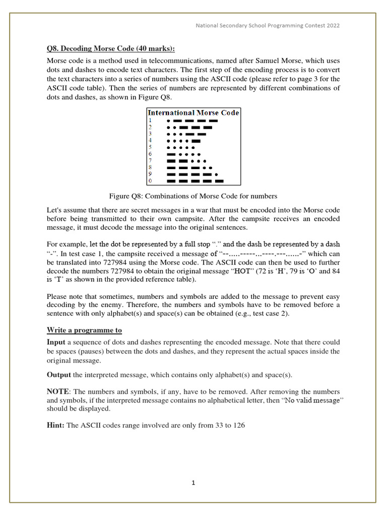 Q08 - Decoding Morse Code - 40 Marks | PDF | Code | Ascii Q08 - Decoding Morse Code - 40 Marks | PDF | Code | Ascii