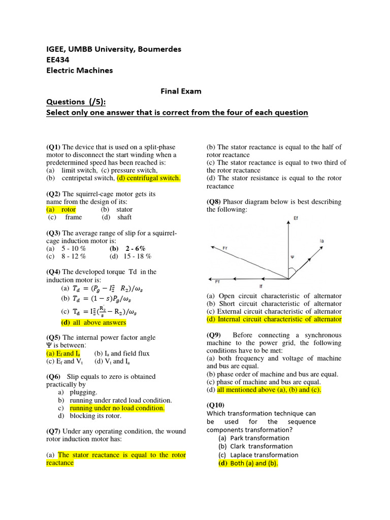 Electric Machines Final Exam Questions | PDF | Transformer | Electrical ...