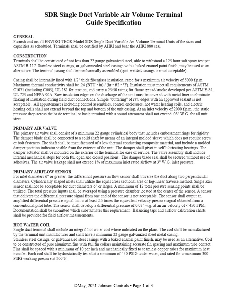 SDR-SPEC VAV Box | PDF | Duct (Flow) | Flow Measurement