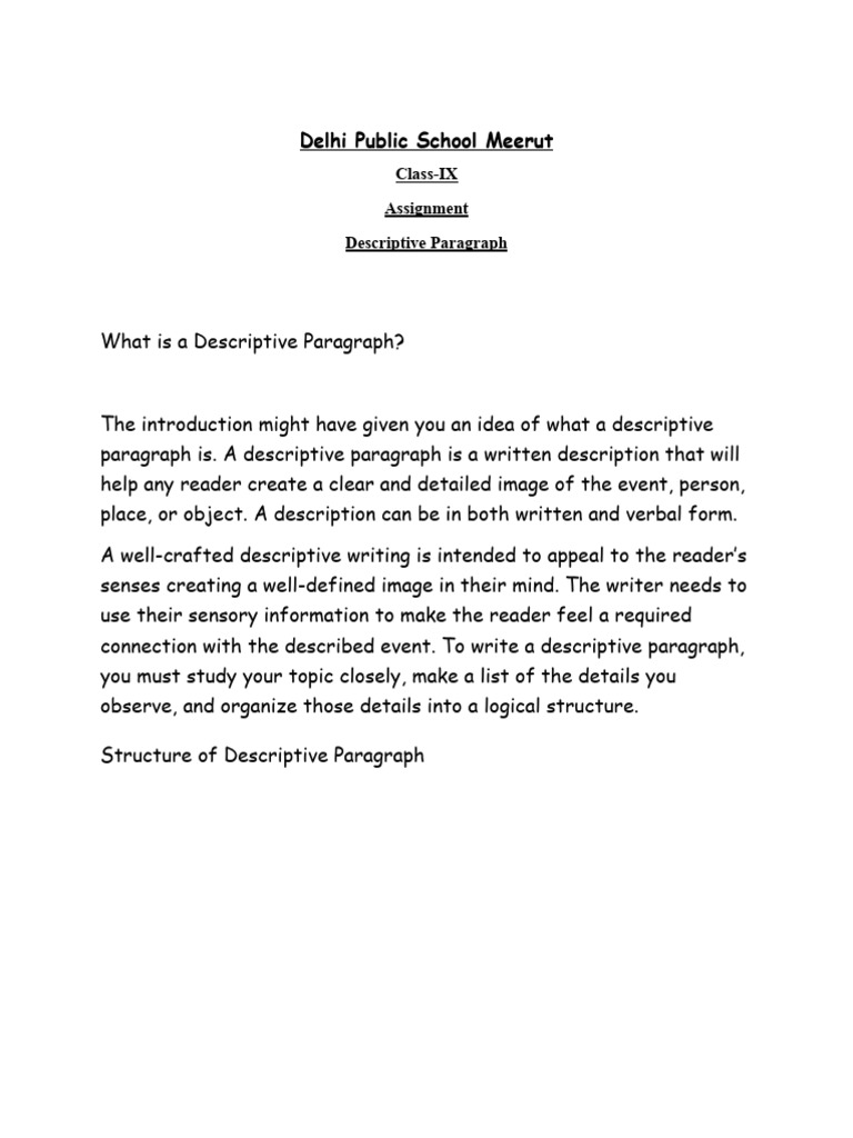 Assignment Descriptive Paragraph Class 9 | PDF | General Fiction