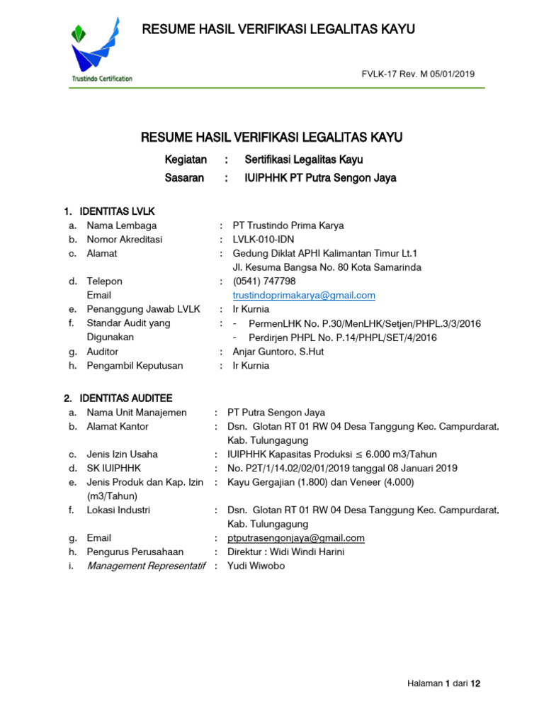 8 Resume Hasil Sertifikasi Legalitas Kayu Pada PT Putra Sengon Jaya | PDF