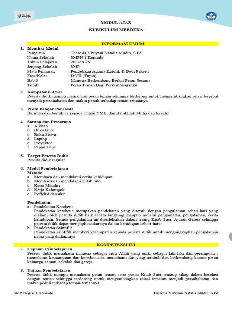 Modul Ajar Topik 6 Kumer Kelas 7 | PDF