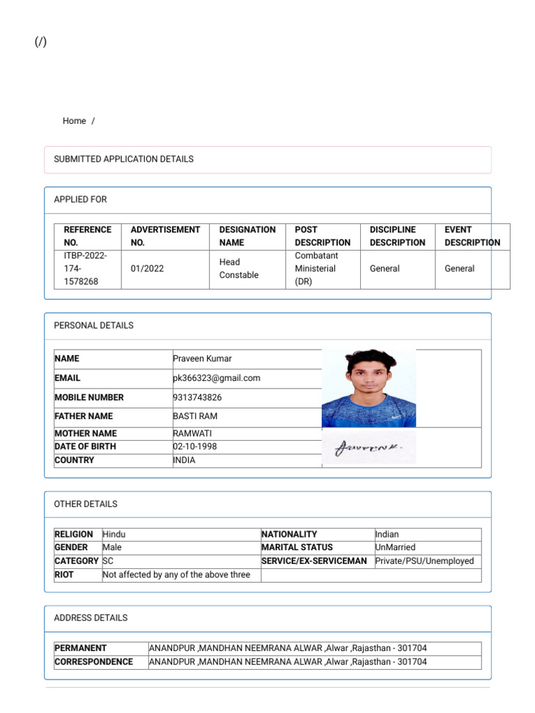 Applications Form Itbp Head Constable | PDF