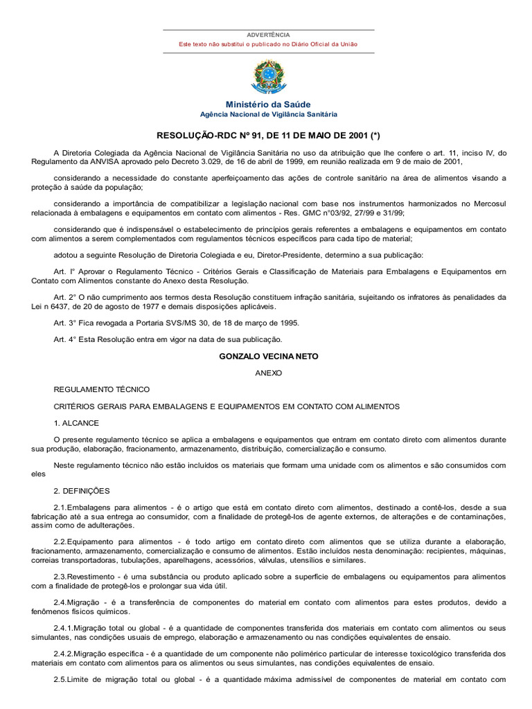 Resolução RDC N°91 - Critérios | PDF | Embalagem e rotulagem | Food and ...
