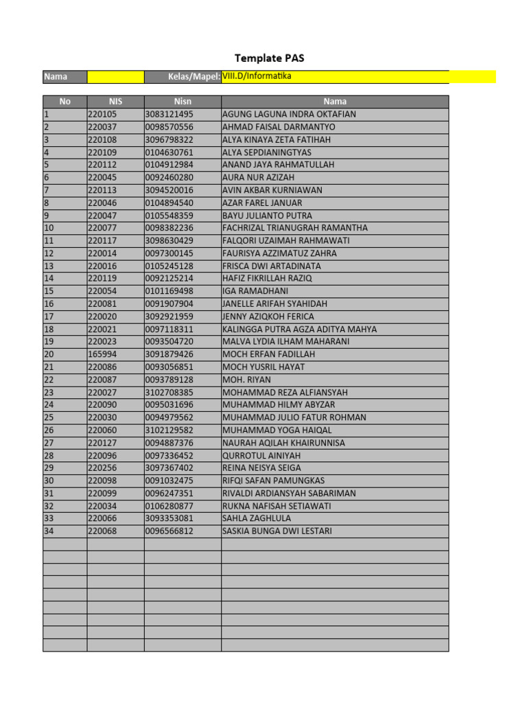Template PAS VIII.D Informatika | PDF