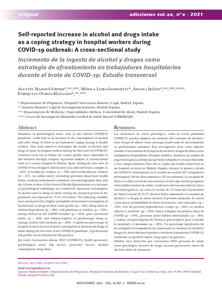 Self-Reported Increase in Alcohol and Drugs Intake As A Coping Strategy ...