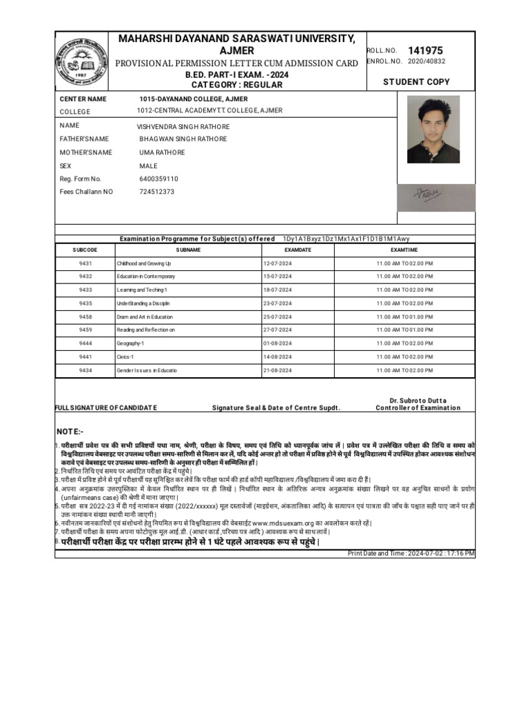 Maharshi Dayanand Saraswati University, Ajmer Admit Card | PDF