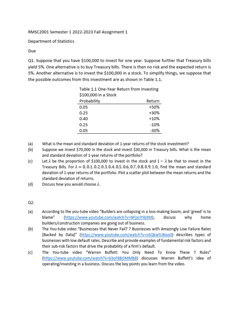 RMSC2001 Semester 1 2022-2023 Assignment 1 Version 2 | PDF | Risk | Hedge (Finance)
