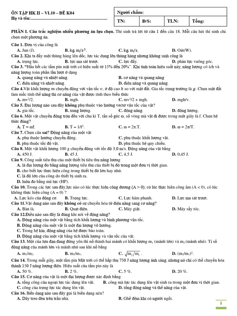 Đ/S: Tổng: Người chấm: TN: Tln | PDF