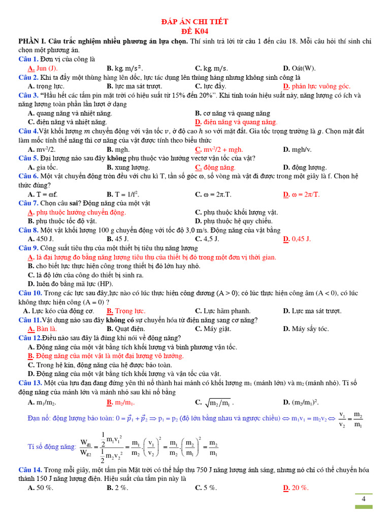 Đáp Án Chi Tiết ĐỀ K04: Câu 1. Câu 2. Câu 3 | PDF
