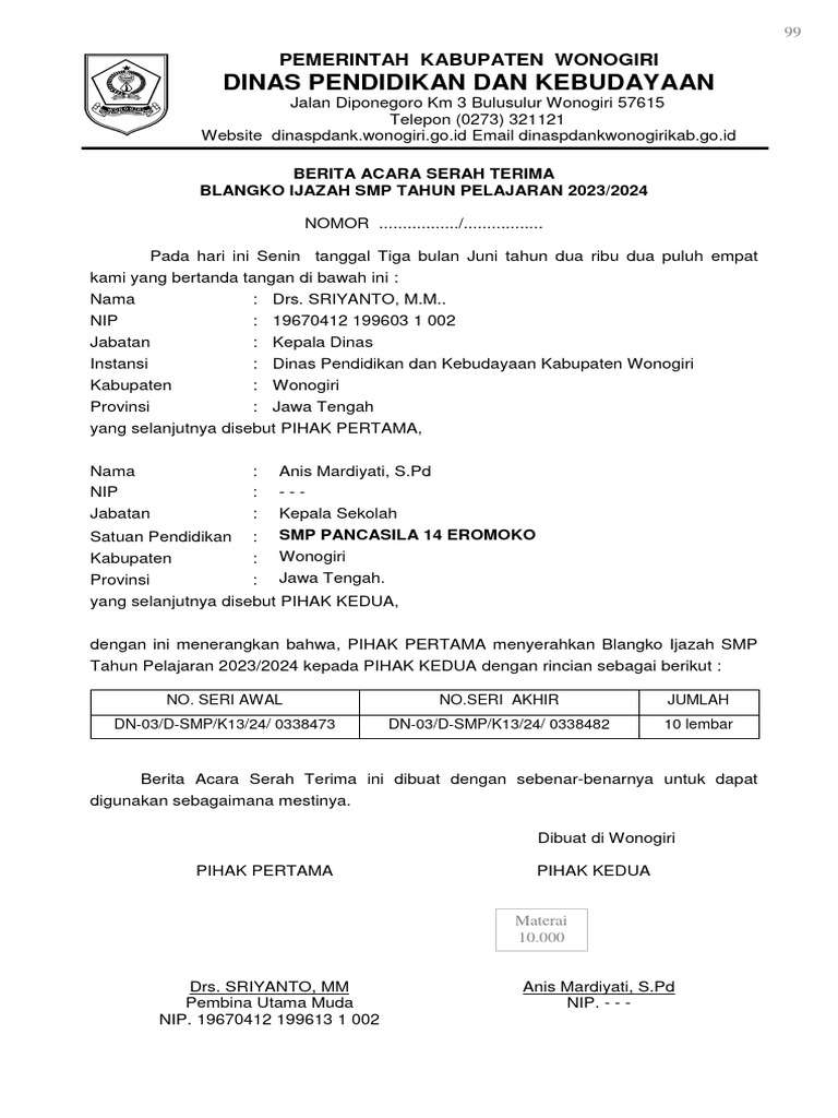 BAST Blangko Ijazah SMP PANCASILA 14 EROMOKO | PDF | Ilmu Sosial