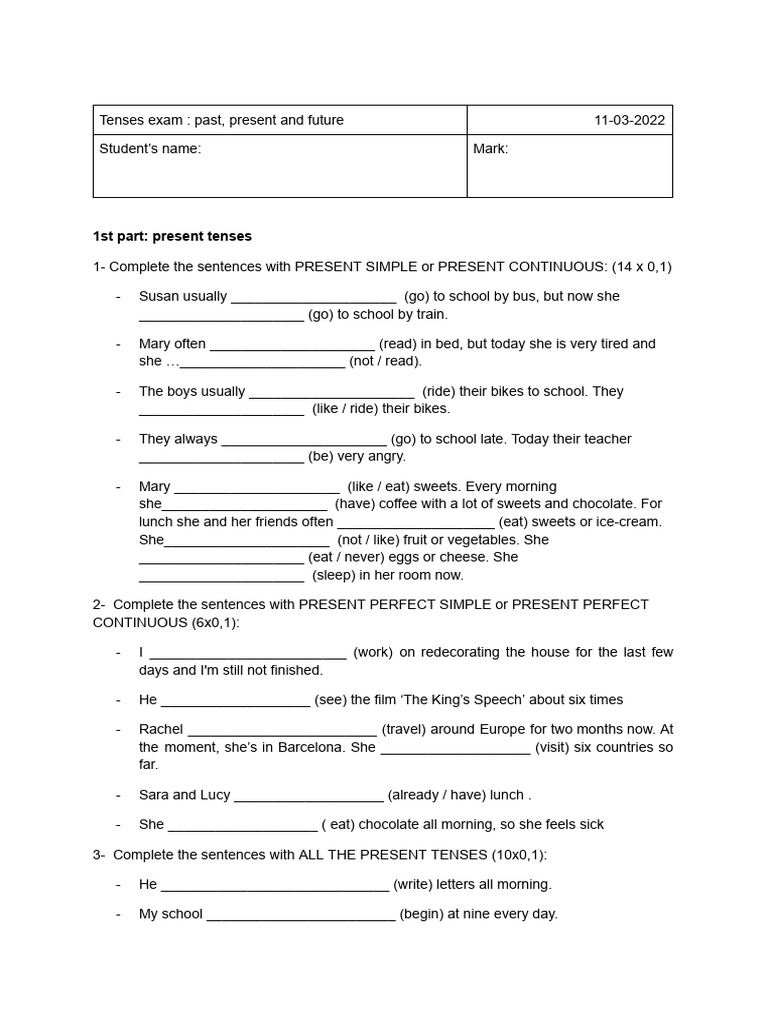 Tenses Exam - Past, Present and Future | PDF | Language Arts & Discipline