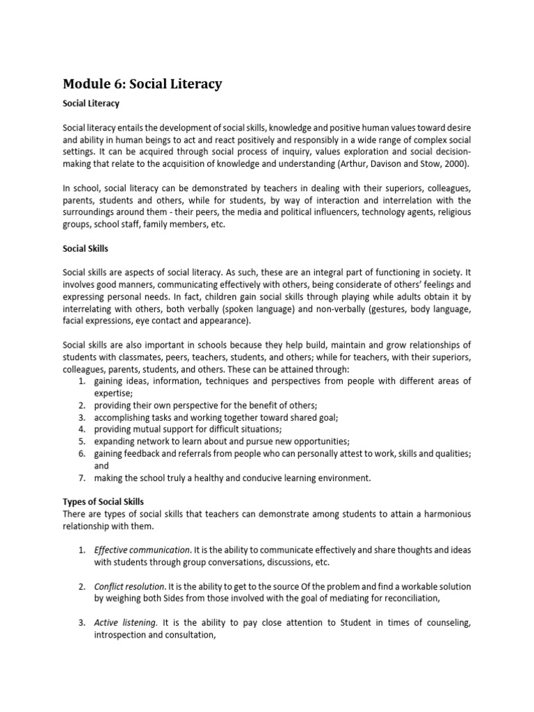 Module 6 Social Literacy | PDF | Empathy | Social Skills