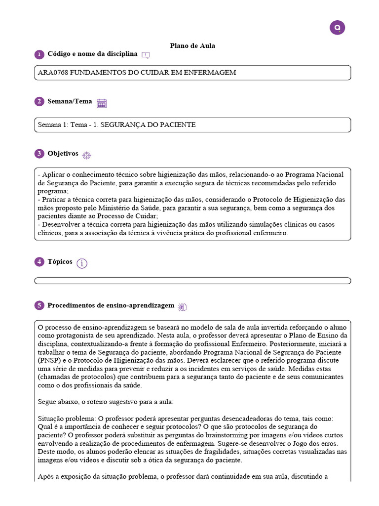 ARA0768 Plano de Aula (1) | Download grátis PDF | Enfermagem | Aprendizado