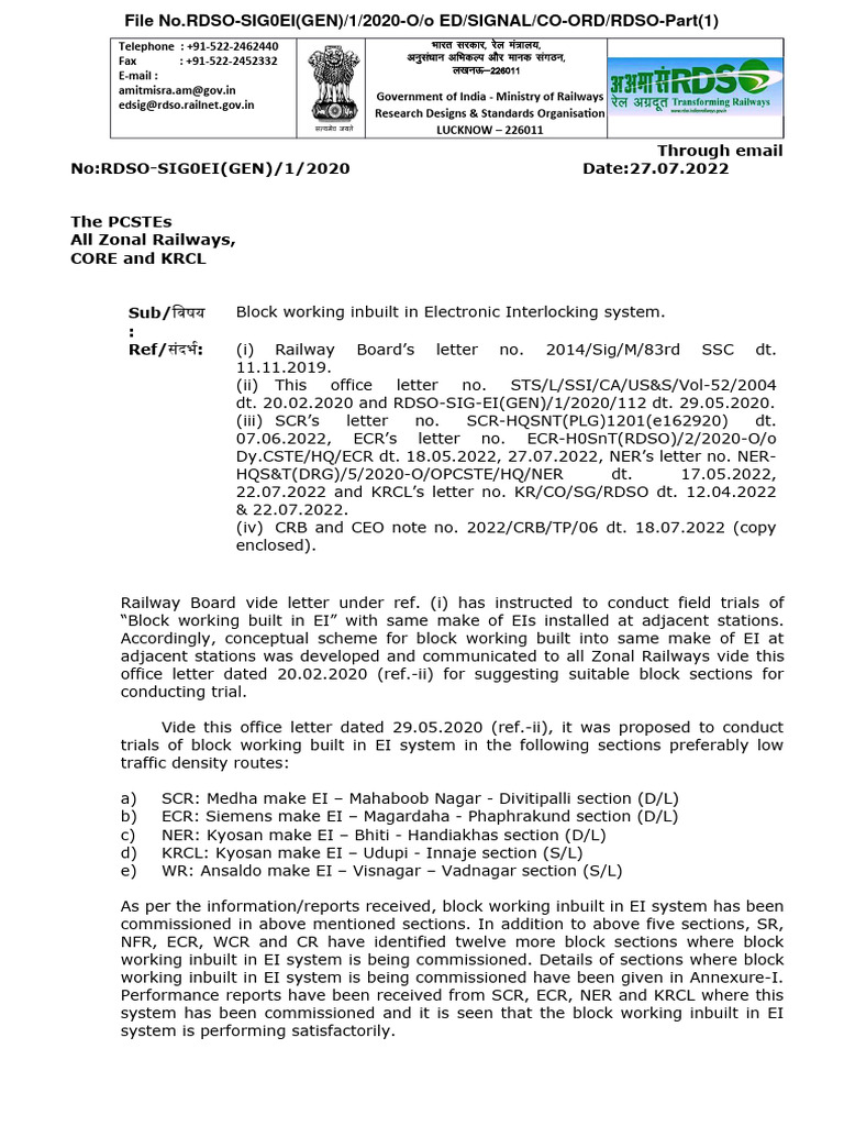 Block Working Inbuilt in EI Letter 28.07.2022 | PDF | Rail Transport ...