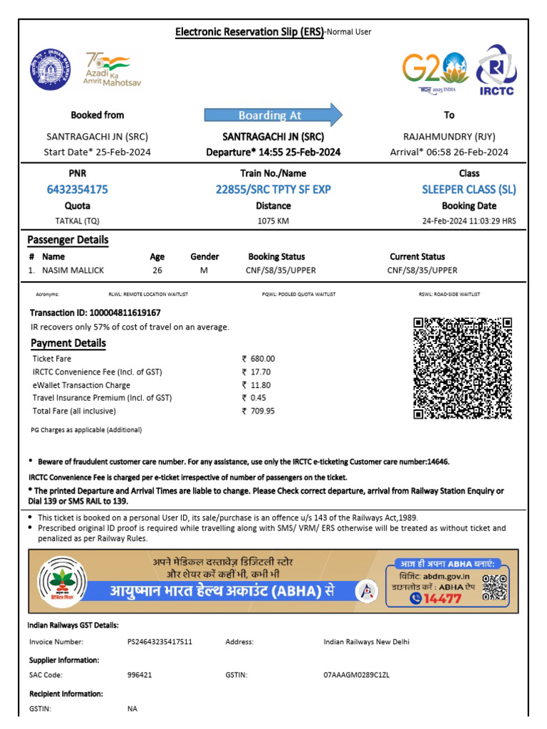 22855/Src Tpty SF Exp Sleeper Class (SL) | PDF | Identity Document