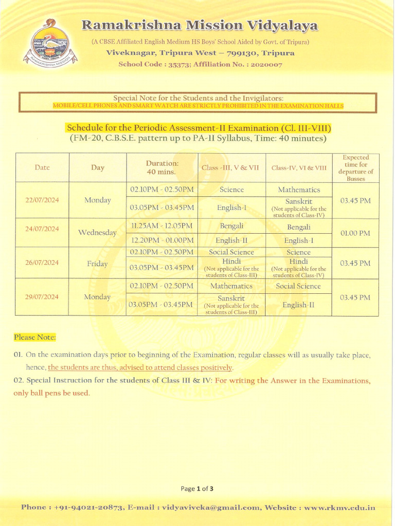 Examination Notice For PA-II, PRMT, MT, UT-1 & Pre - Test - 2024-2025 | PDF