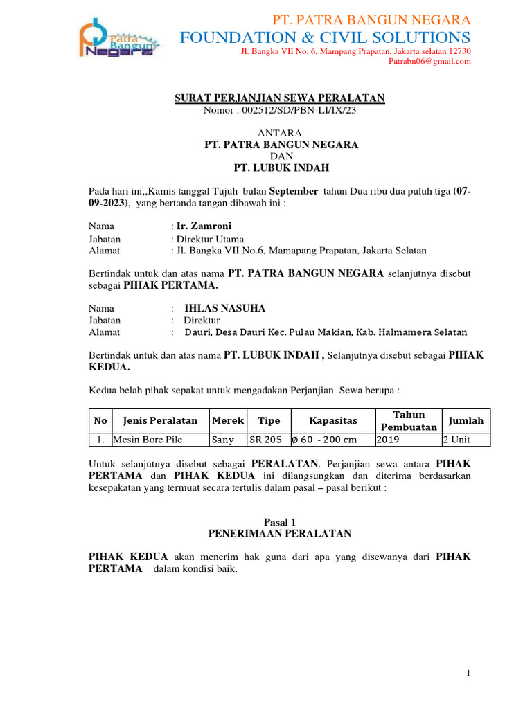 Surat Perjanjian Sewa Alat PT. PBN - LI | PDF