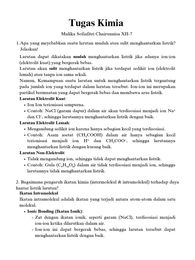 Tugas Kimia: Malika Sofiafitri Chairunnisa XII-7 | PDF