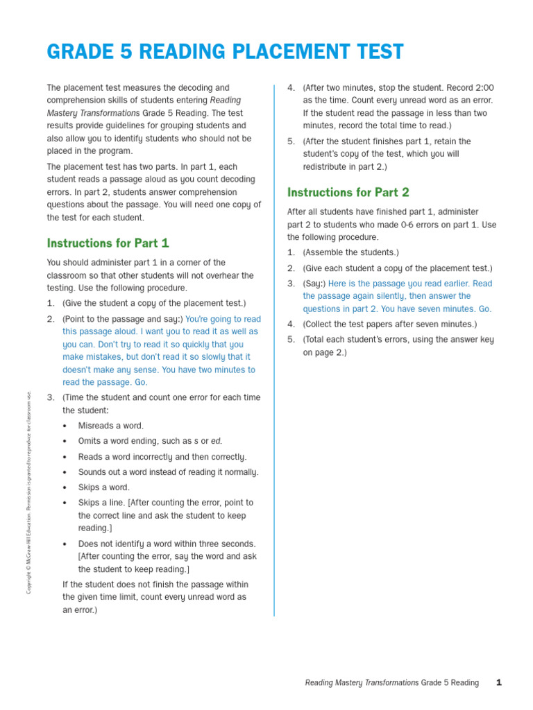 RMT Grade 5 Reading and Language Arts Placement Test | PDF | Reading ...