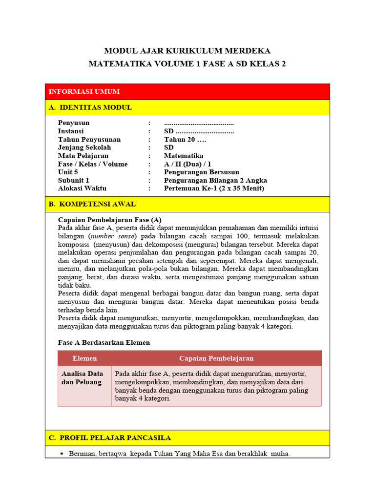 Modul Ajar MTK Kelas 2 - BAB 5 | PDF | Karier & Perkembangan | Metode & Bahan Ajar