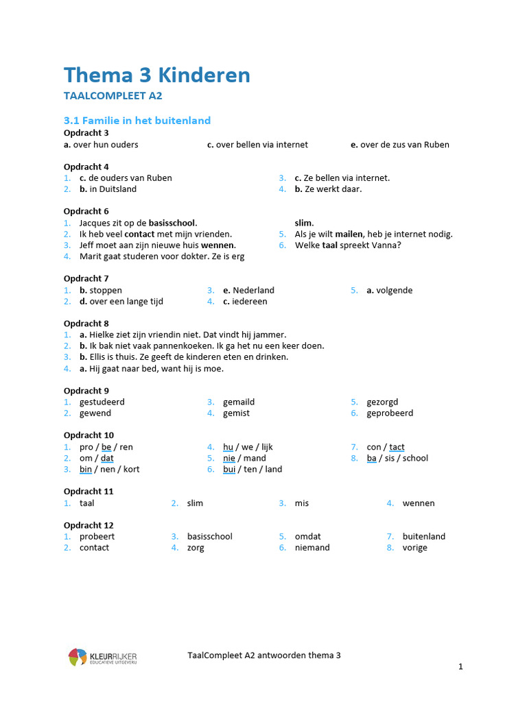 TaalCompleet A2 Antwoorden Thema 3 | PDF
