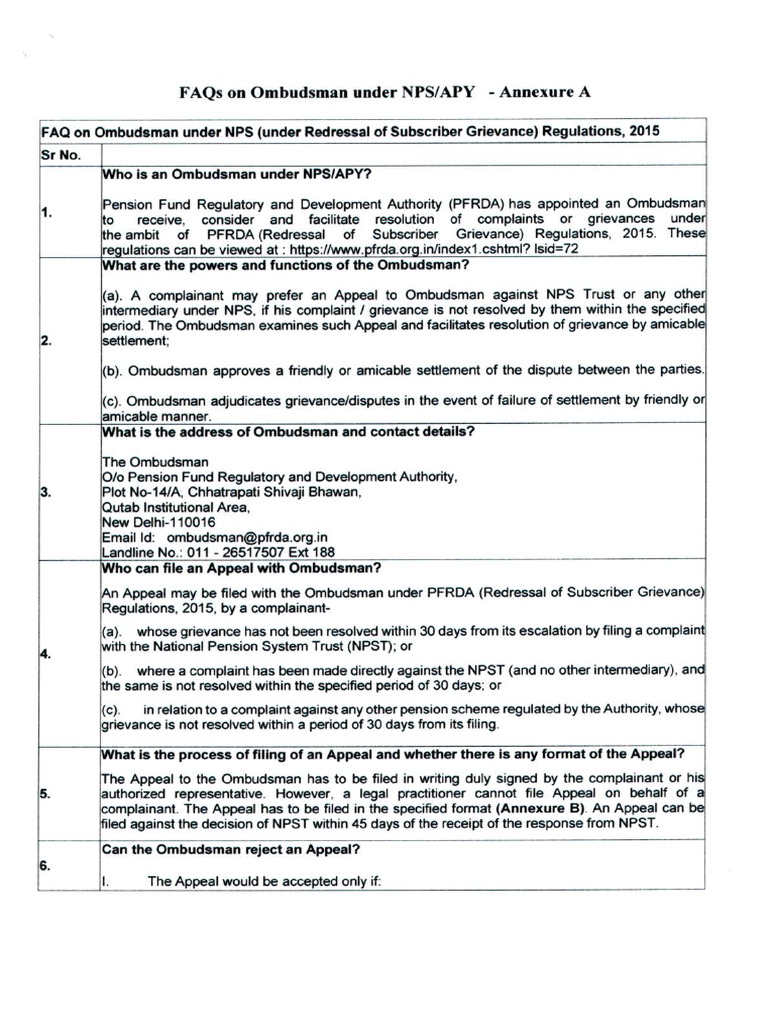 19 FAQs Ombudsman Under NPS | PDF