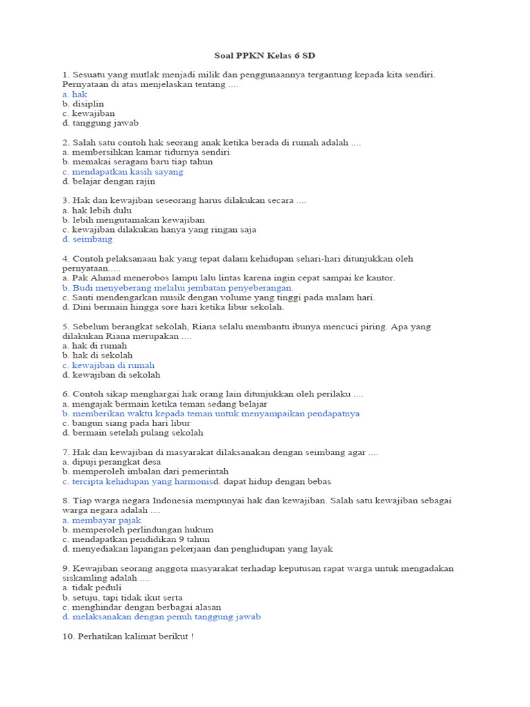 Soal PPKN Kelas 6 SD | PDF
