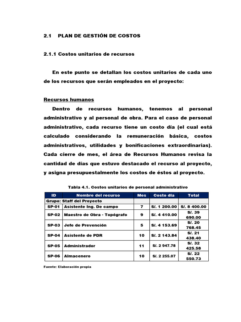 Plan de Gestión de Costos | PDF | Presupuesto | Materiales de construcción