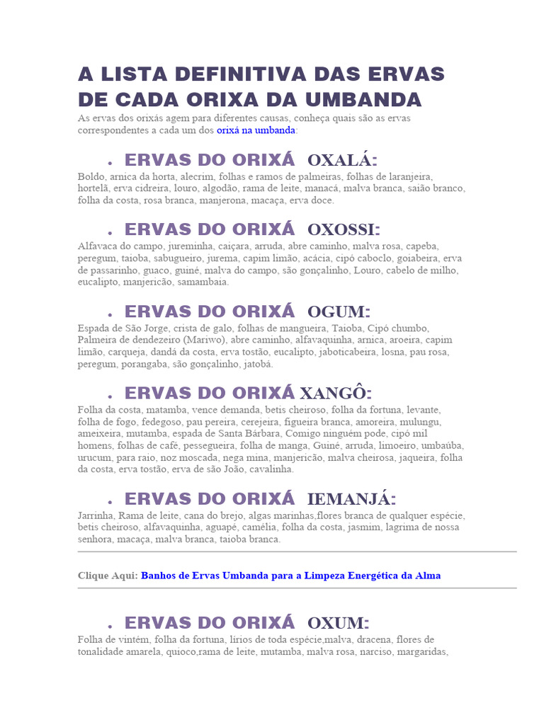A Lista Definitiva Das Ervas de Cada Orixa Da Umbanda | PDF | Plantas