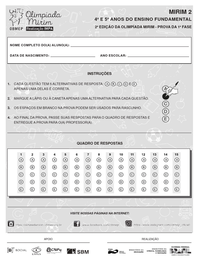OBMEP Multipla Escolha PROVA E GABARITO 2023-IMPA-IMPA-MIRIM 2 | PDF | Chá