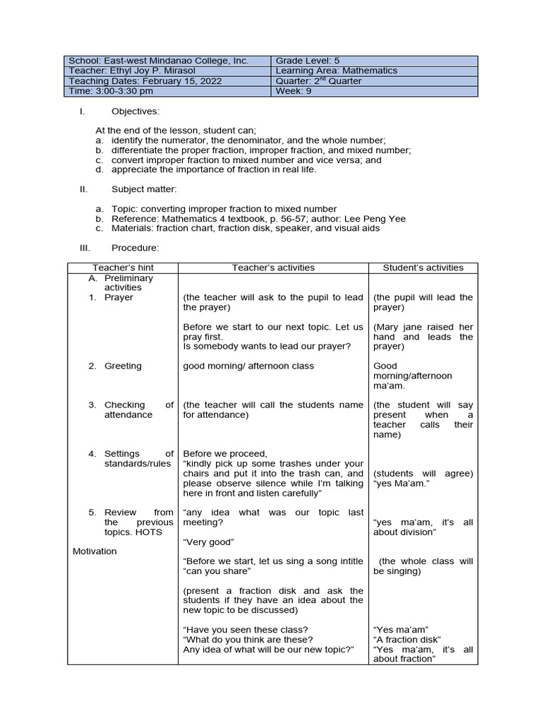 Detailed Lesson Plan in Mathematics 5 | PDF | Behavior Modification | Cognition