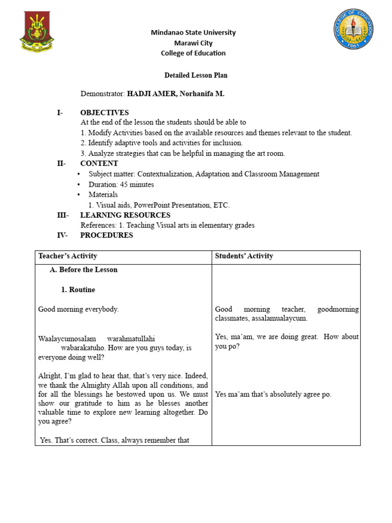 Ged112 Lesson Plan | PDF | Classroom Management | Lesson Plan