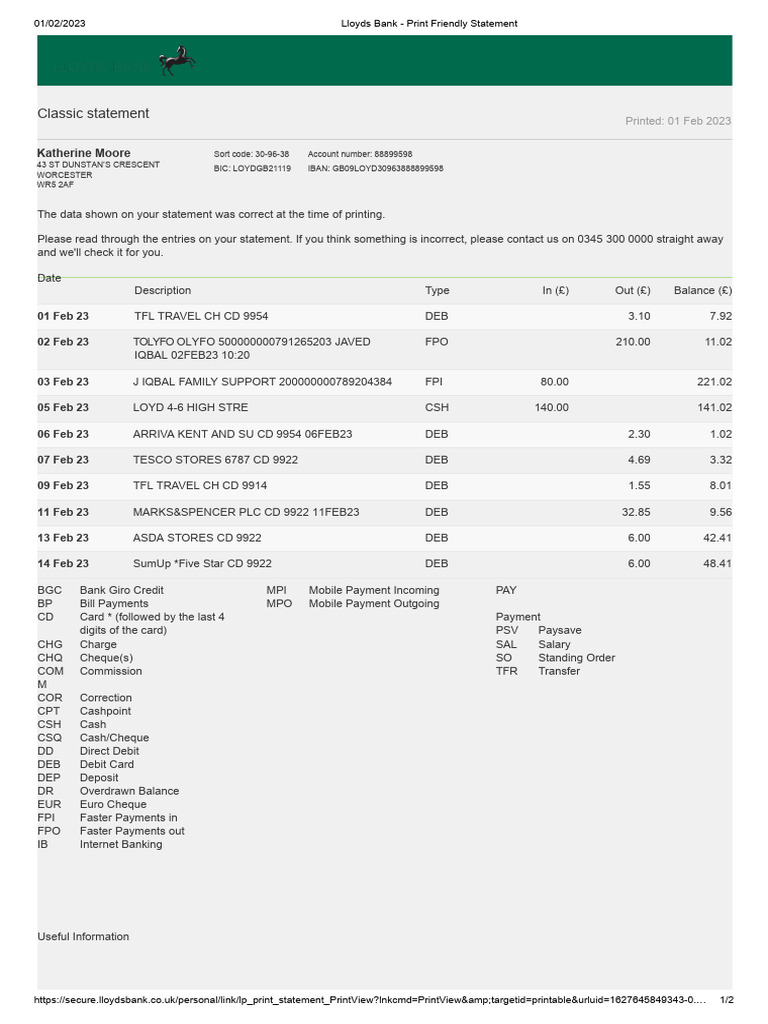 Lloyds Bank Print Friendly Statement 1 2 1 PDF | PDF | Visa Inc. | Cheque