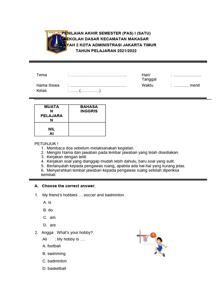 Soal, Kunci Jwban, Skoring Pas BHS Inggris KLS V SMSTR 1 2021-2022 | PDF