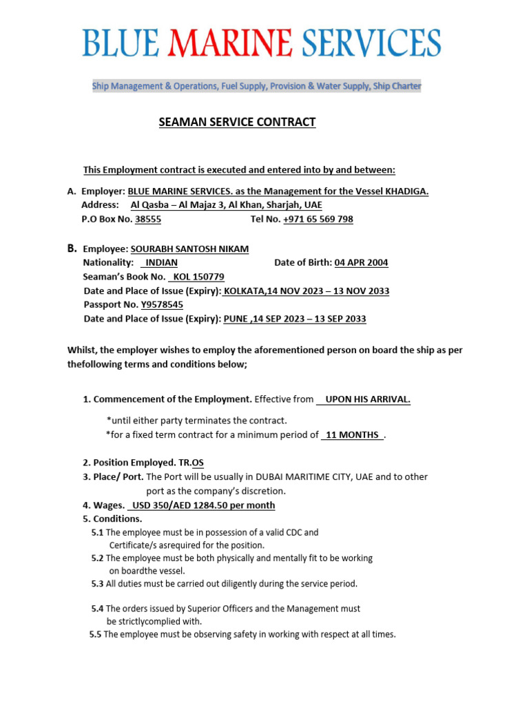 Seaman Service Contract for KHADIGA | PDF | Employment | Salary