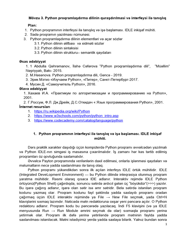 M3 - PD1 - Python Proqramlama Dilinin Quraşdırılmasi VƏ Interfeysi Ilə Tanışlıq - 2024 - YAZ | PDF
