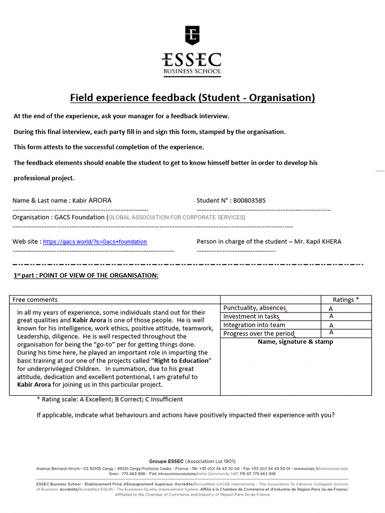 Field Experience Feedback for Kabir Arora | PDF | Human Communication ...