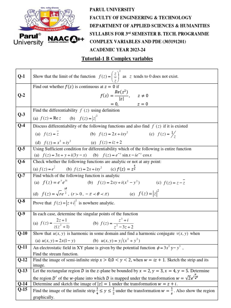 Tutorial 1 (B) Complex Variables | PDF | Complex Analysis | Mathematical Physics