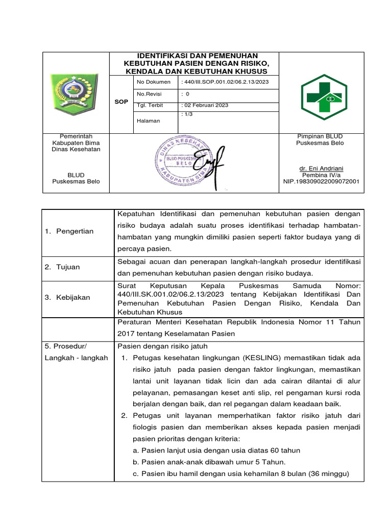 311a SOP IDENTIFIKASI DAN PEMENUHAN KEBUTUHAN PASIEN DENGAN RISIKO | PDF