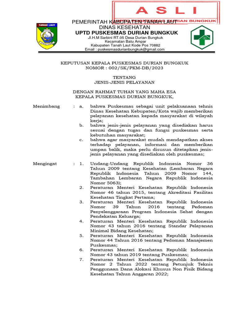 SK Tentang Jenis Pelayanan Puskesmas | PDF