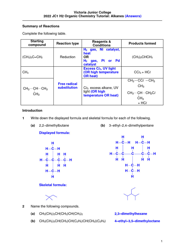 Alkanes Tutorial & Supplementary Qns Ans | PDF | Alkane | Chlorine