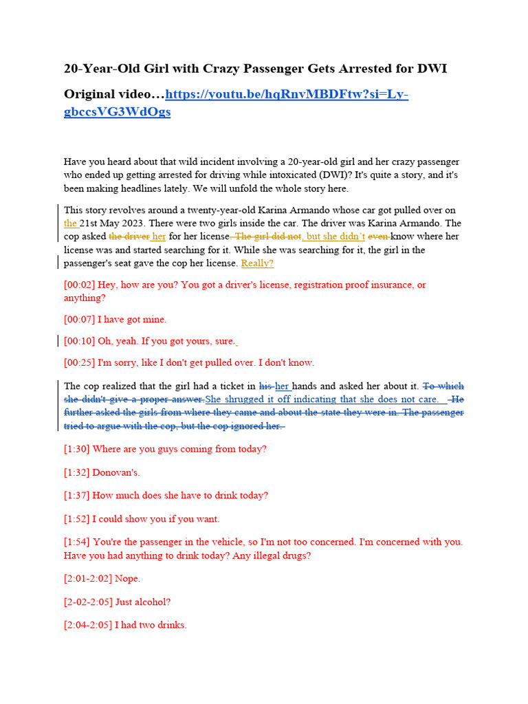 20-Year-Old Girl With Crazy Passenger Gets Arrested For DWI Mikes Comments | PDF | Driving Under ...