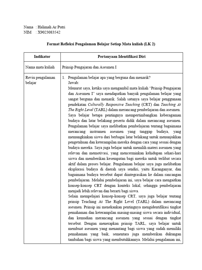 LK2-Format Refleksi - PPA - Halimah AP | PDF