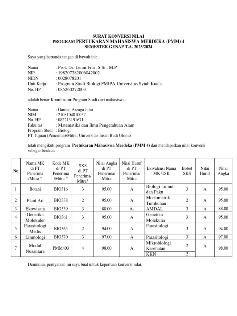 Template Surat Konversi Nilai | PDF